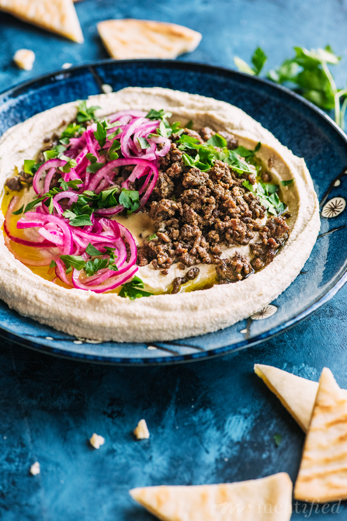 Beanless Hummus with Spiced Beef & Lemon Pickled Onions - meatified